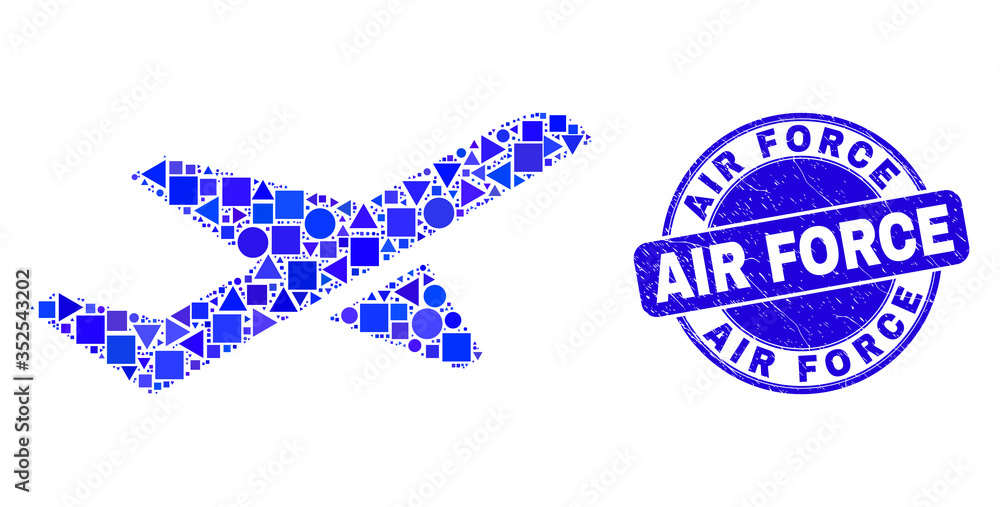 Geometric airplane takeoff mosaic pictogram and Air Force watermark ...