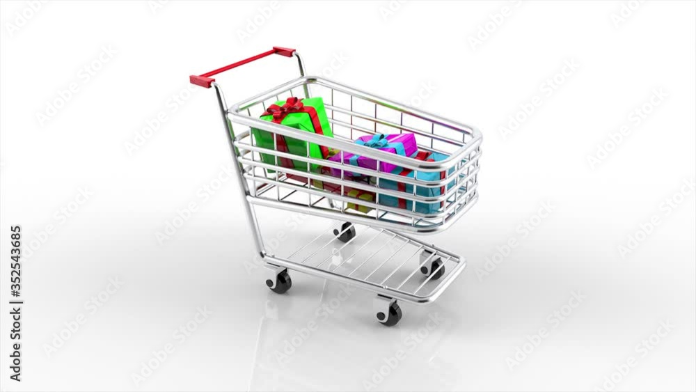 Appears animated realistic shopping cart with colored gift boxes at ...