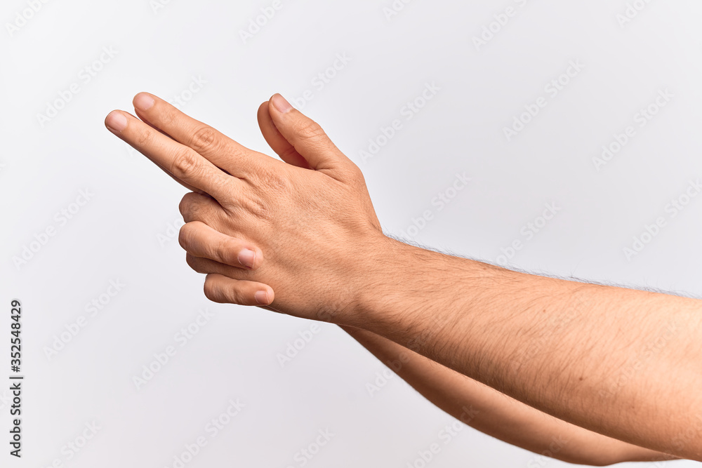 Hand of caucasian young man showing fingers over isolated white ...