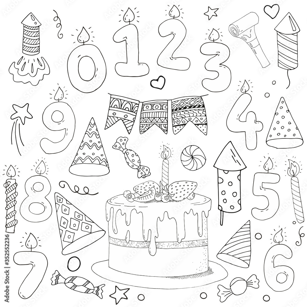 Birthday Doodle Hand Made. Cake with candles in the form of numbers ...