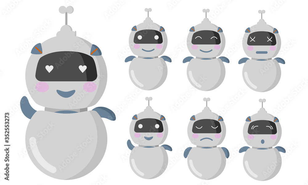 Chat bot is installed. Kawaii helper robot with different emotions is ...