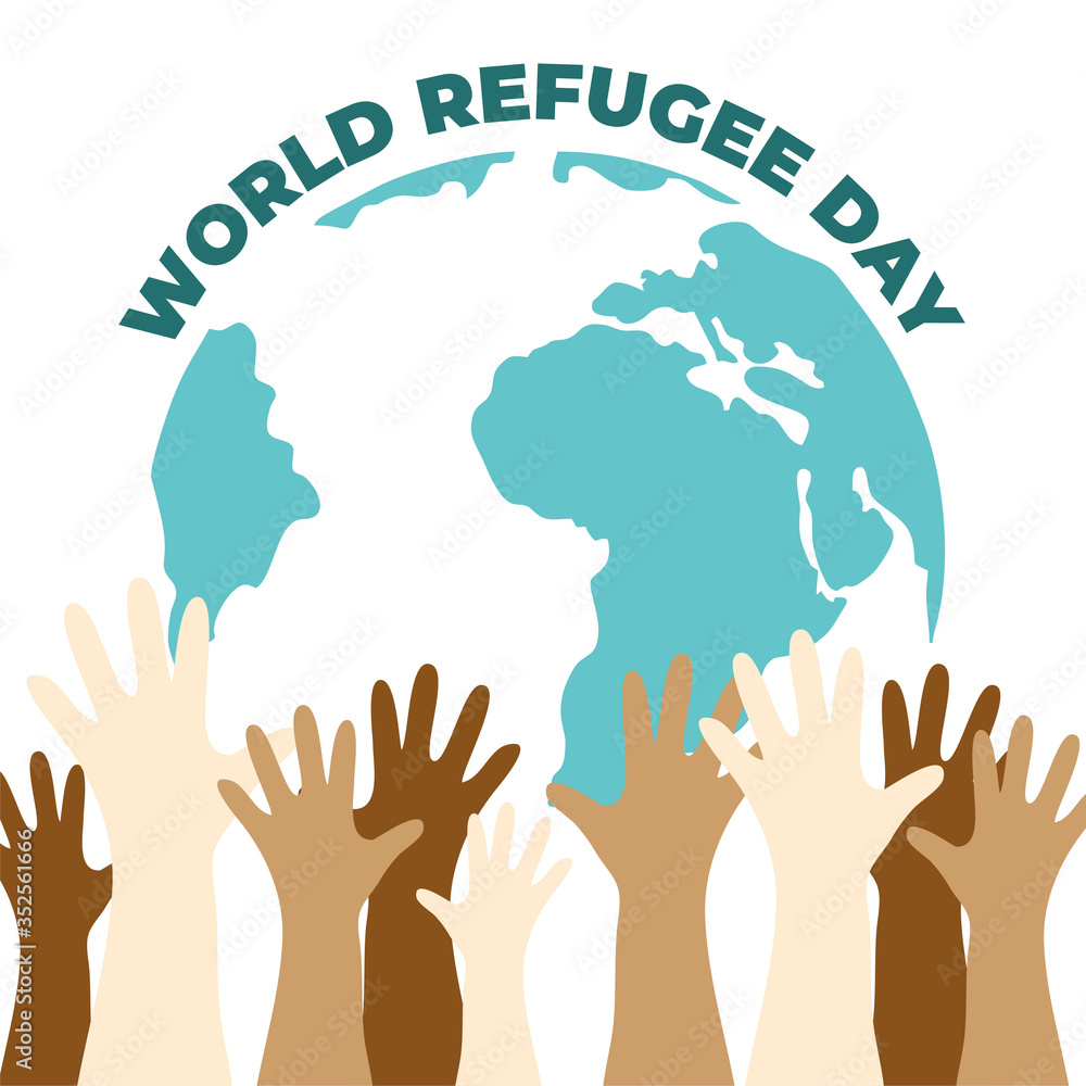 World Refugee Day Vector illustration. planet earth with color s hand s ...