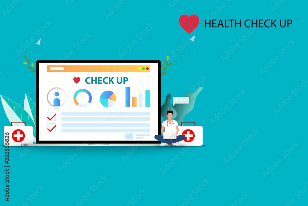 Concept of medical health check up, doctor is working on his laptop and ...