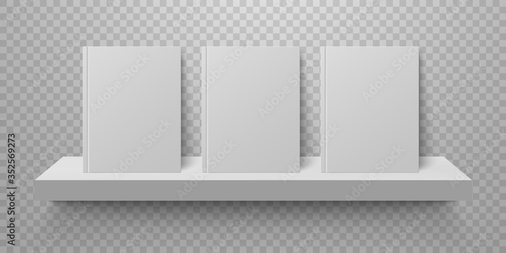 Book mockup on bookshelf. Bestsellers in hard cover on shelf. Bookstore ...