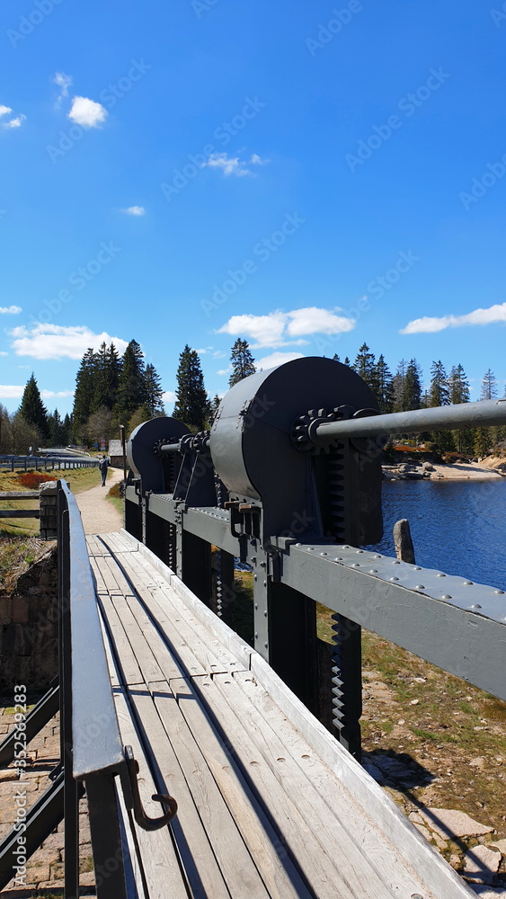 Historic flood relief system with a bridge from an old dam. In the ...
