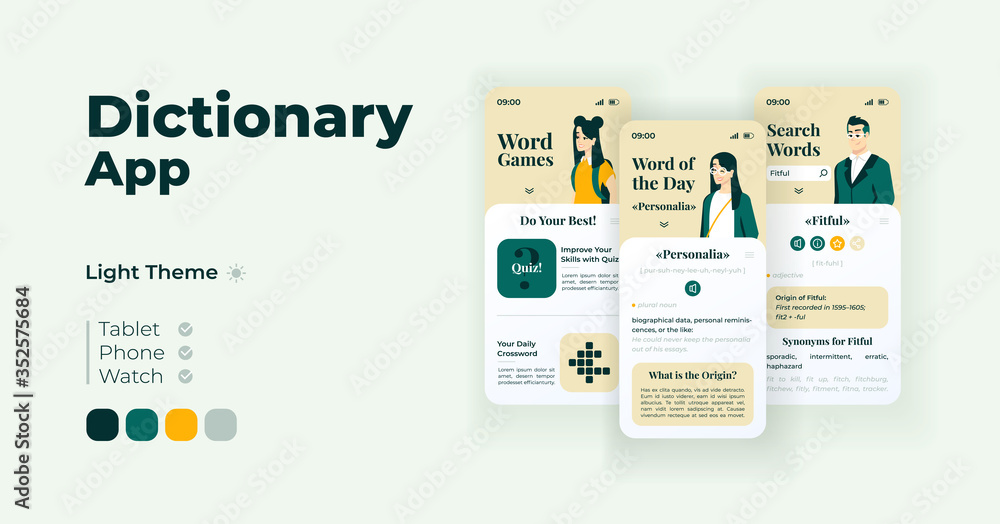 Vocabulary app cartoon smartphone interface vector templates set ...