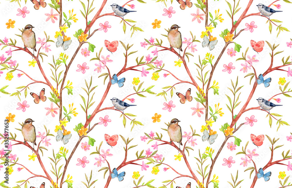 seamless texture with birds sitting on blooming branches and flying ...