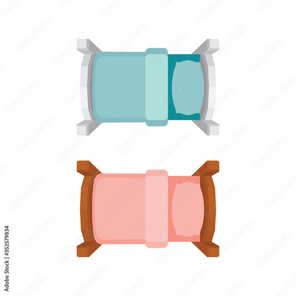 Bed. Cartoon style wooden bed top view vector illustrations set. Stock ...