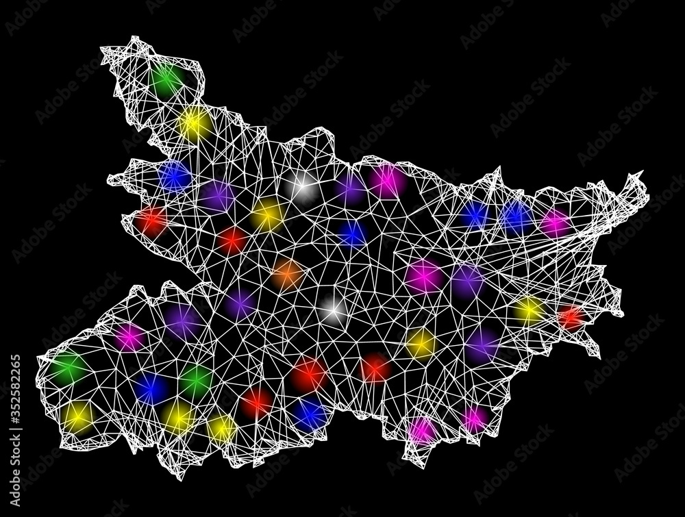 Web mesh vector map of Bihar State with glare effect on a black ...