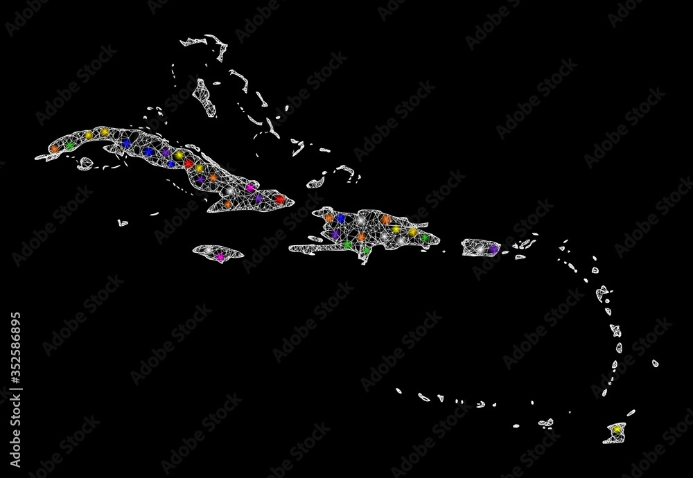 Web mesh vector map of Caribbean Islands with glare effect on a black ...