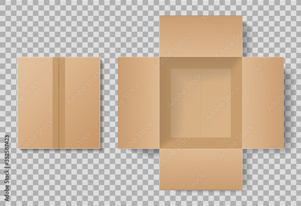 Cardboard box top view for delivery. Open and closed carton package ...