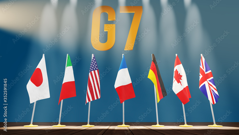 G7 summit or meeting concept. Row from flags of members of G7 group of ...