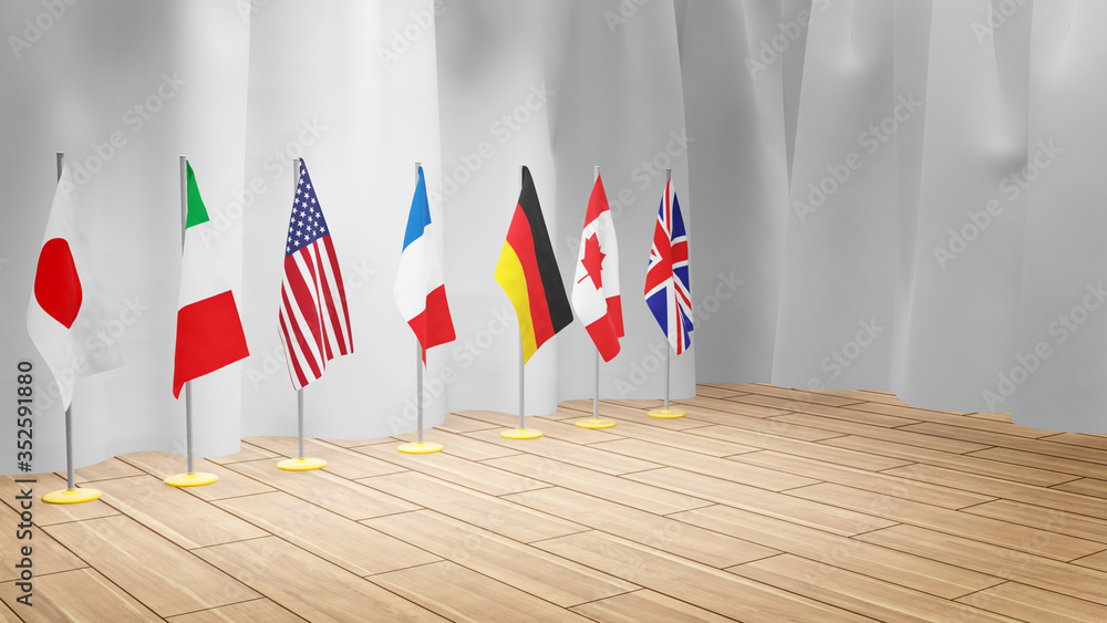 G7 summit or meeting concept. Row from flags of members of G7 group of ...