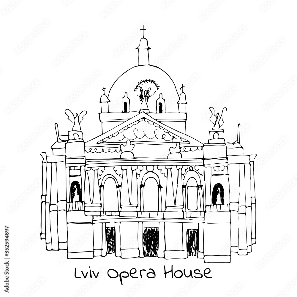 Lviv Opera and Ballet Theater hand-drawn sketch. Vector stock ...