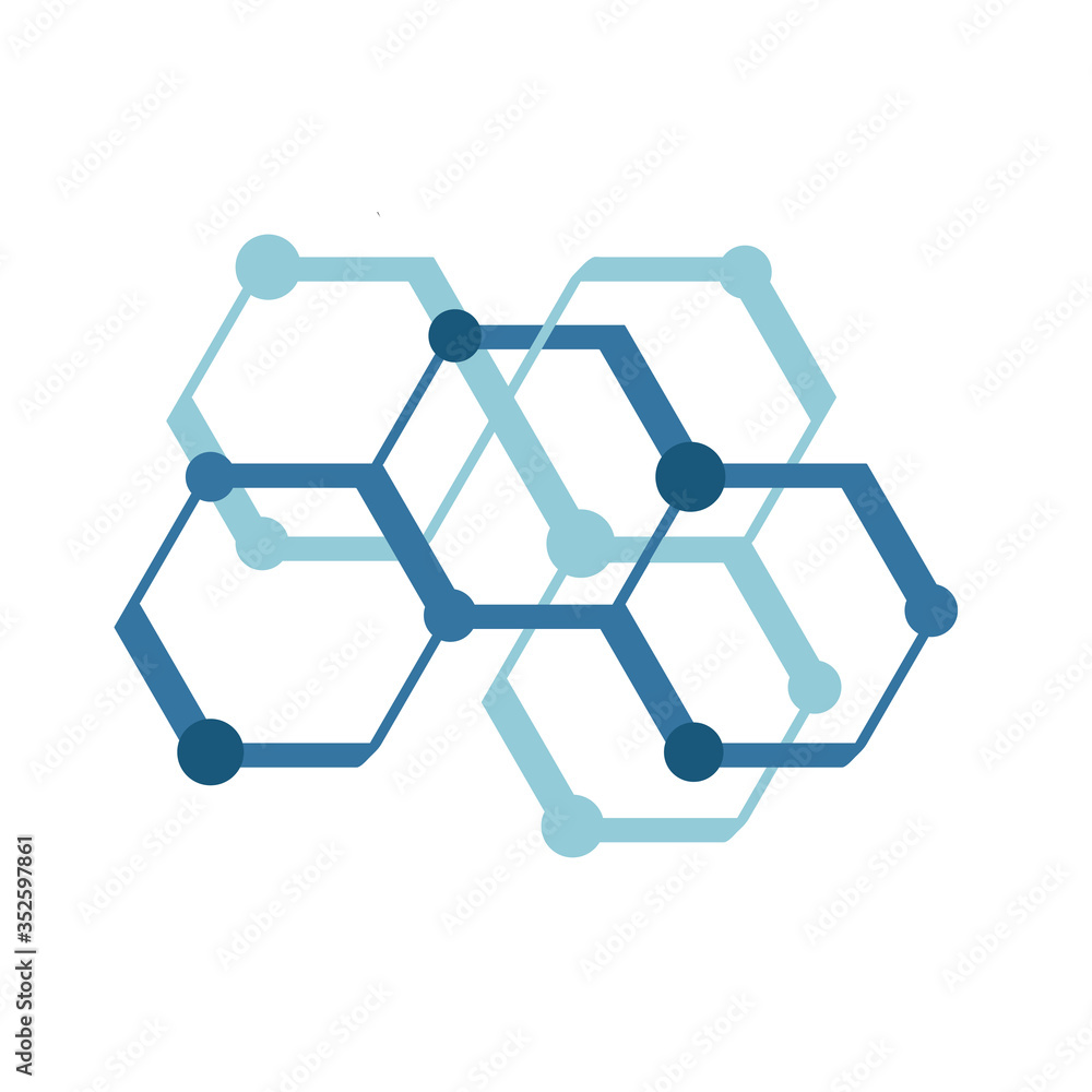Hexagonal molecule badge. Molecular structure logo, molecular grids and ...