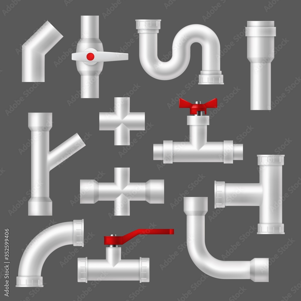 Plastic pipes and tubes, pipeline fittings realistic isolated 3d vector ...