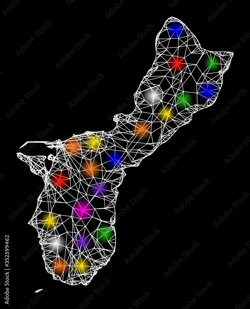 Web mesh vector map of Guam Island with glare effect on a black ...