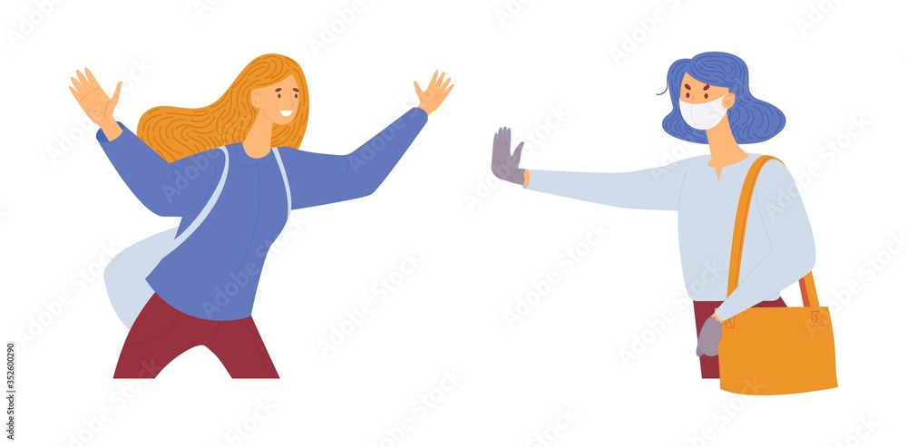 Flat concept illustration with two women during covid-19 pandemic ...