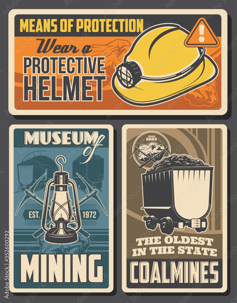 Coal mining retro posters. Miners equipment helmet with kerosine lamp ...