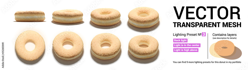 Set of donut buns captured from different camera angles. Contains 3 ...
