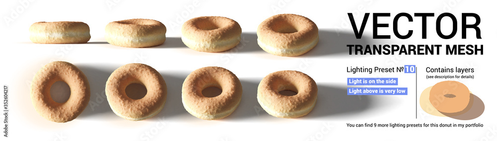 Set of donut buns captured from different camera angles. Contains 3 ...