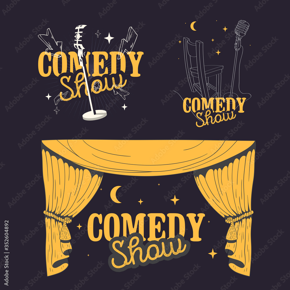 Comedy Show Comedian Hand Lettering Vector Illustrations Set Designs ...