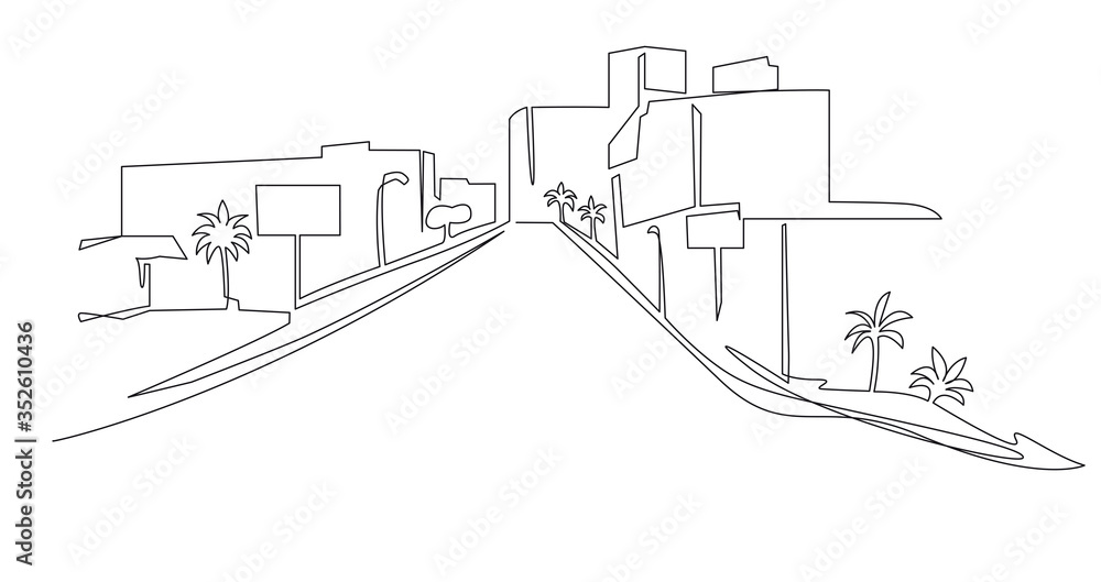 Modern urban scene continuous one line vector drawing. City ...