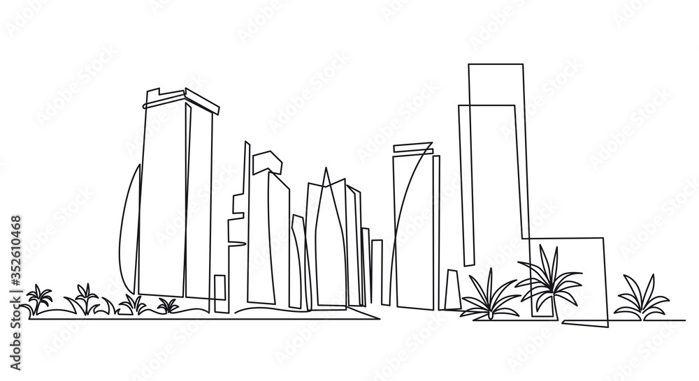 Vecteur Stock Modern cityscape continuous one line vector drawing ...