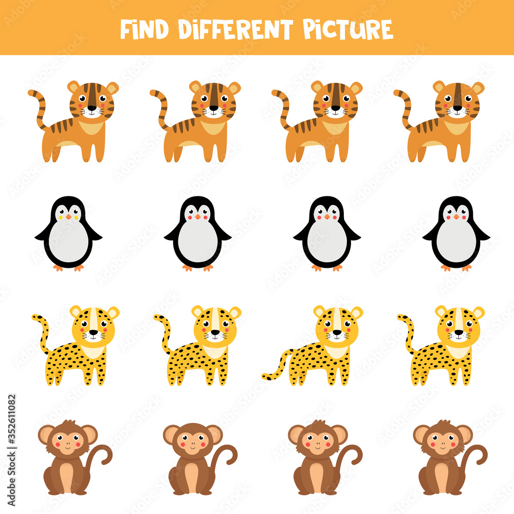 Find different animal in each row. Cute cartoon monkey, tiger, leopard ...