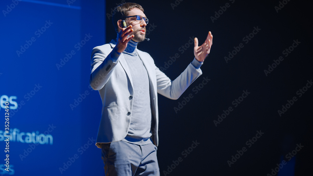 Inspirational Male Speaker Does Presentation of New Technological ...