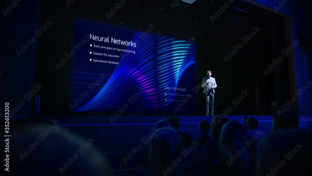 Computer Science Startup Conference: On Stage Speaker Does Presentation ...