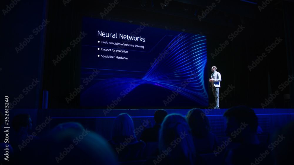 Computer Science Startup Conference: On Stage Speaker Does Presentation ...