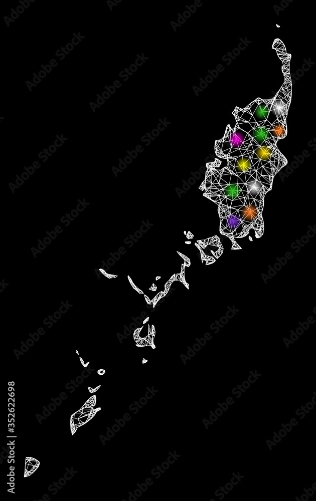 Web mesh vector map of Palau Islands with glitter effect on a black background. Abstract lines ...