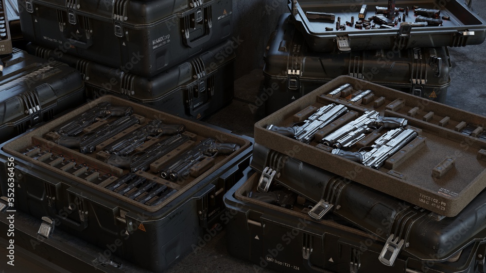 Boxes with modern weapons and ammunition in a military warehouse. 3D ...