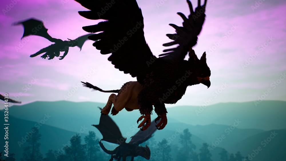 Amazing magical unusual creatures fly over the mysterious night forest ...