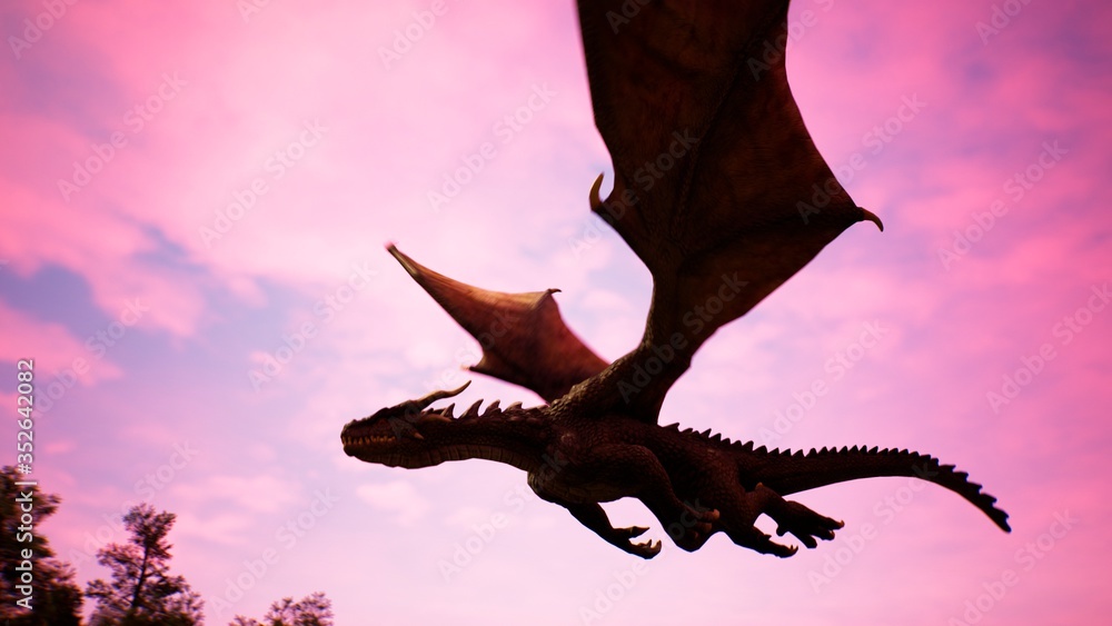 Realistic big dragon flying in the sky over the evening forest ...