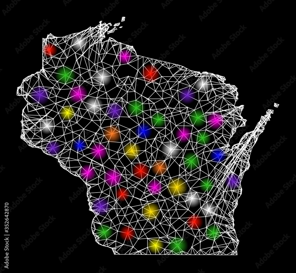Web mesh vector map of Wisconsin State with glare effect on a black ...