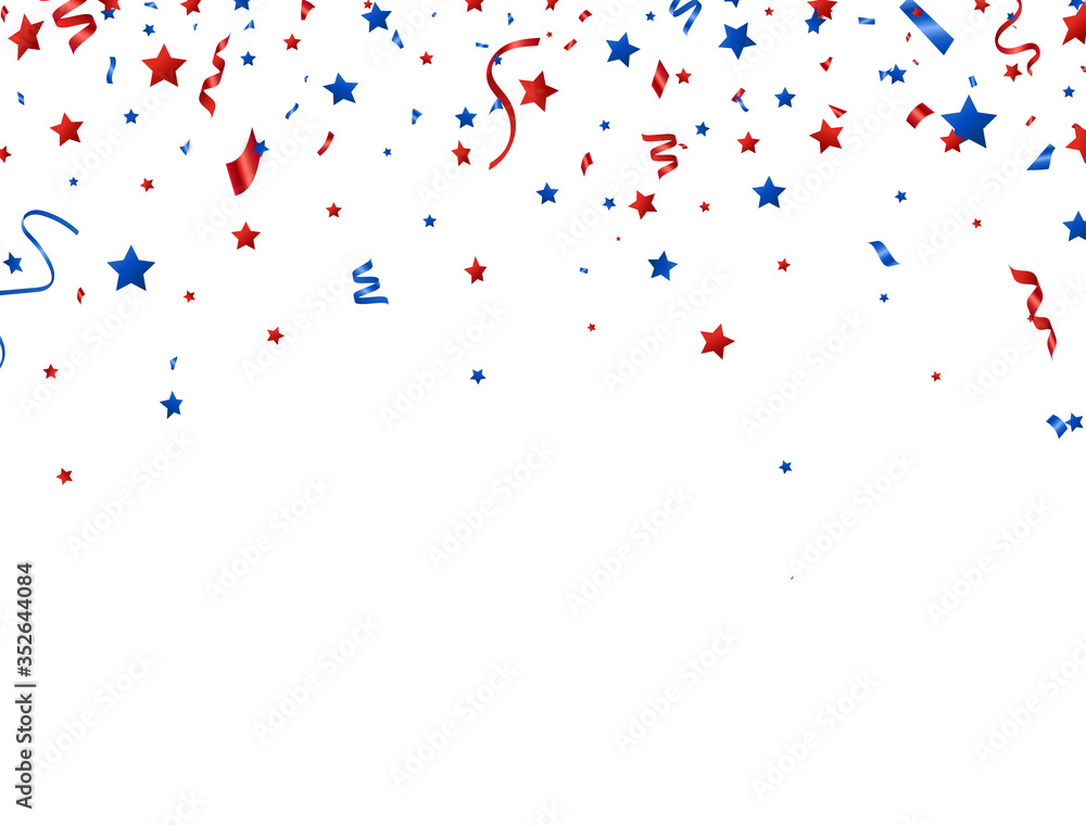 Usa banner. Red and blue celebration confetti and stars falling on ...