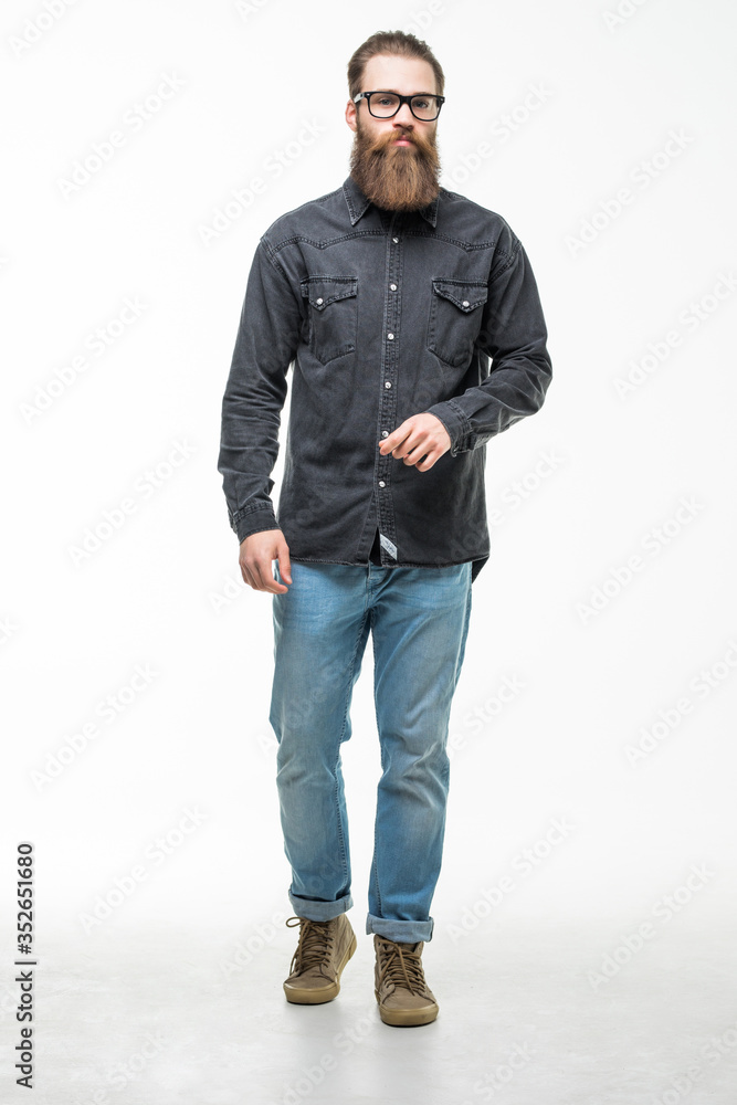 Full body length portrait long bearded hipster man isolated over white ...
