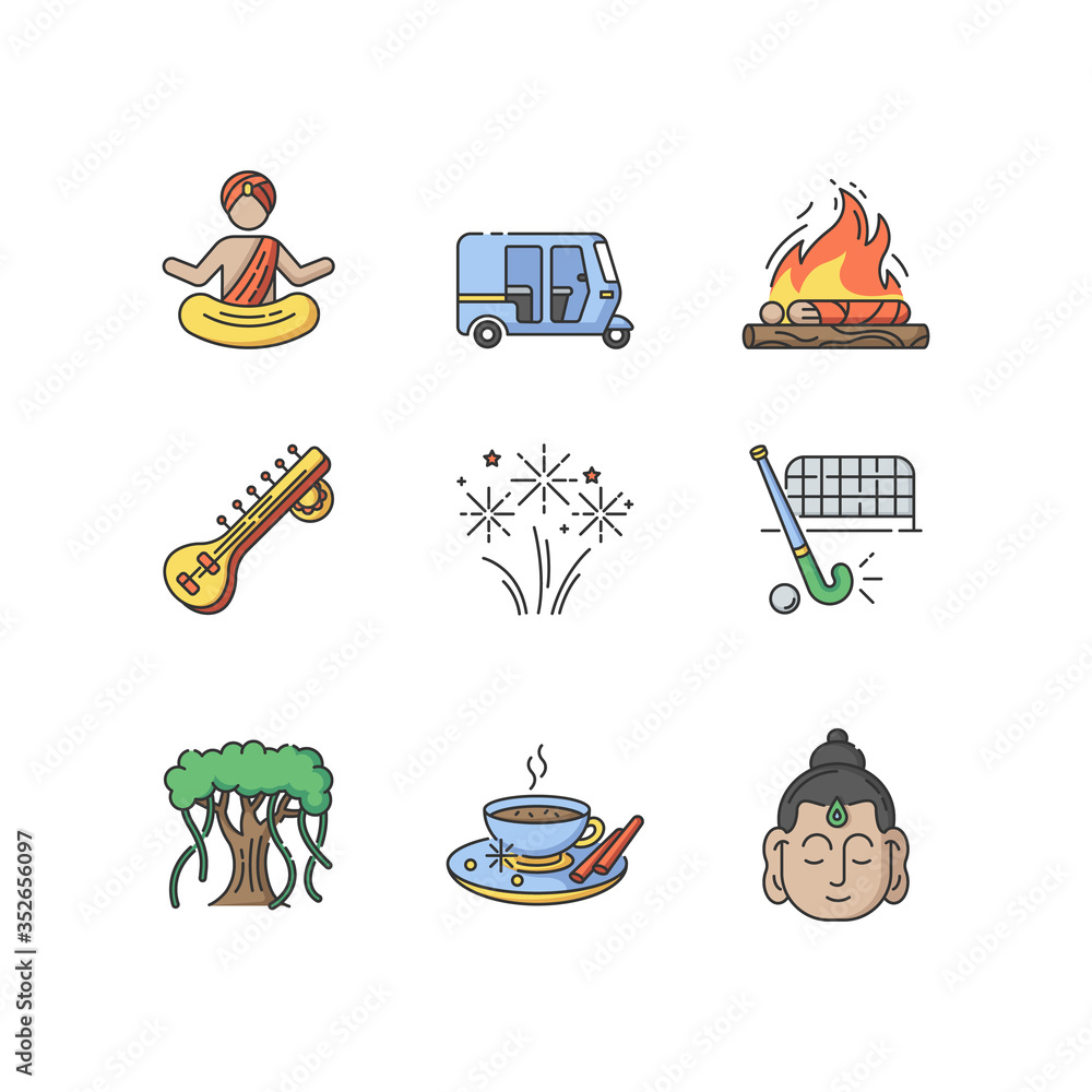 Indian customs RGB color icons set. Religious symbols and traditional ...