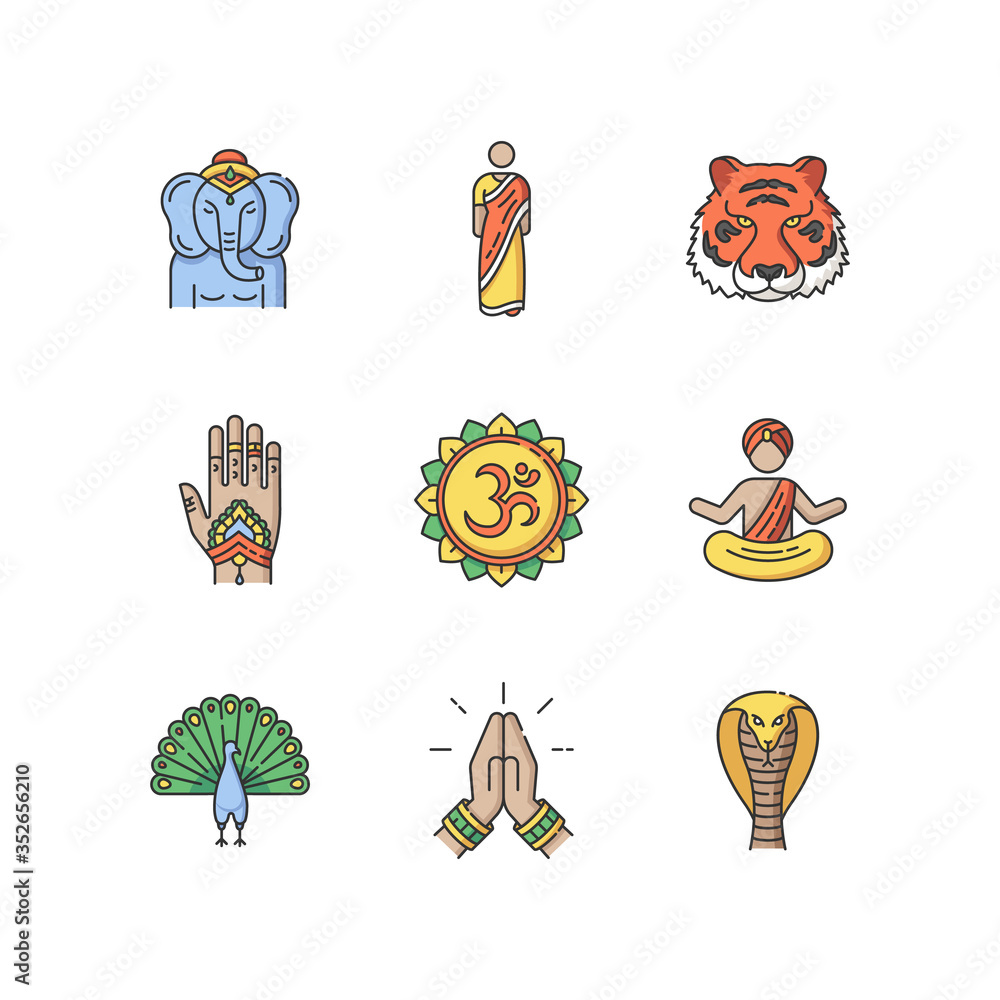 Indian spiritual symbols RGB color icons set. Om sound representation ...