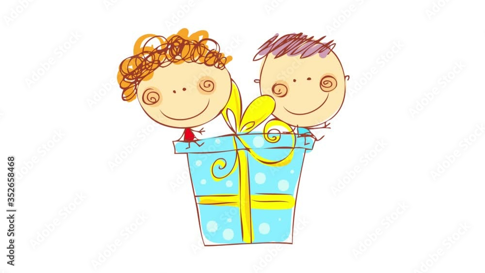 two kids with big smiles on their faces sitting on top of a huge gift ...