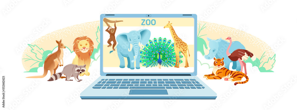 Zoo online virtual tour illustration. Animal live cam translation in ...