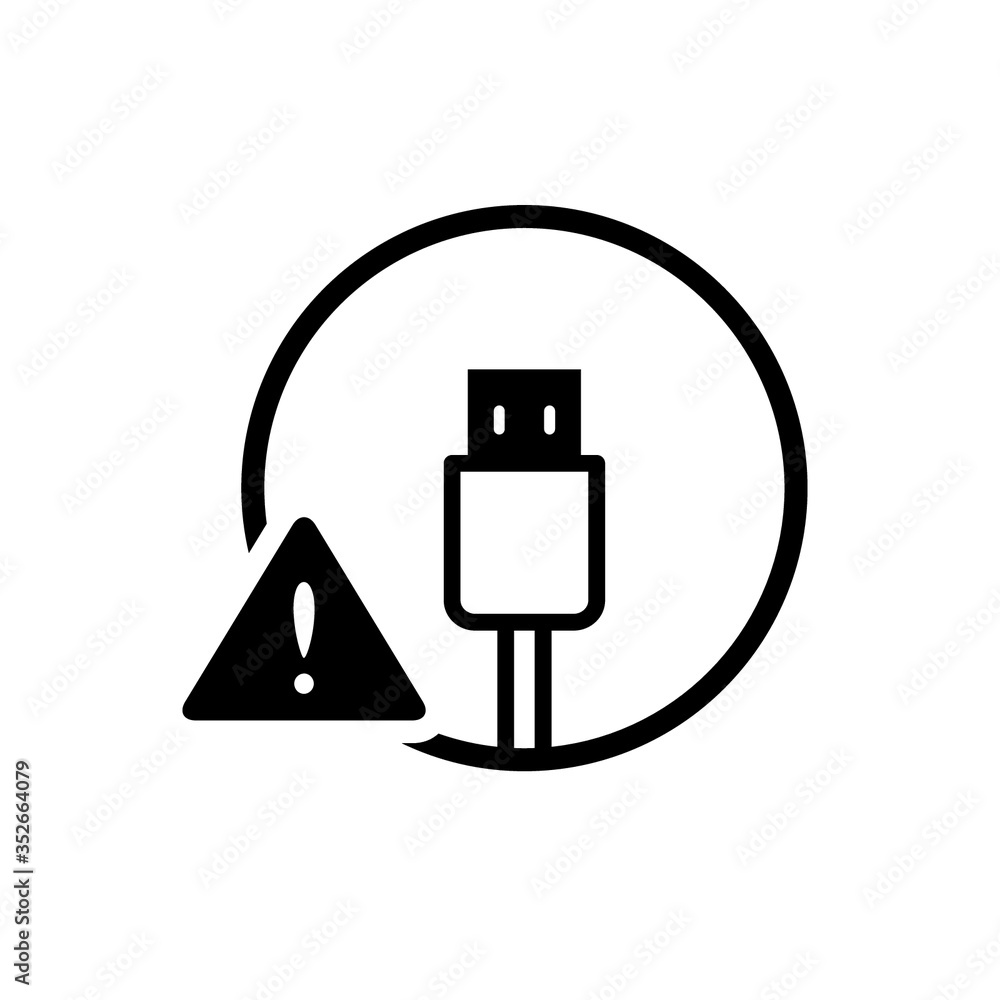 Black round USB cable warning issue icon, digital problem indicator ... Black round USB cable warning issue icon, digital problem indicator ...