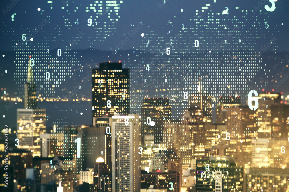 Multi exposure of abstract programming language hologram and world map ...