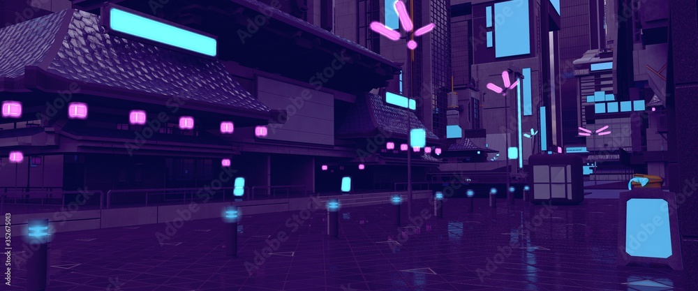 Bright neon night in a cyberpunk city. Photorealistic 3d illustration ...