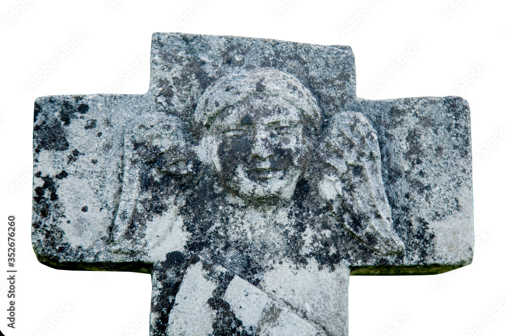 Very old and ancient stone statue of angel on cross as symbol of ...