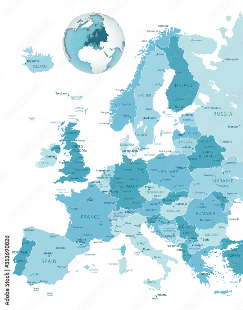 Blue-green Europe map with location on the globe. Vector illustration ...