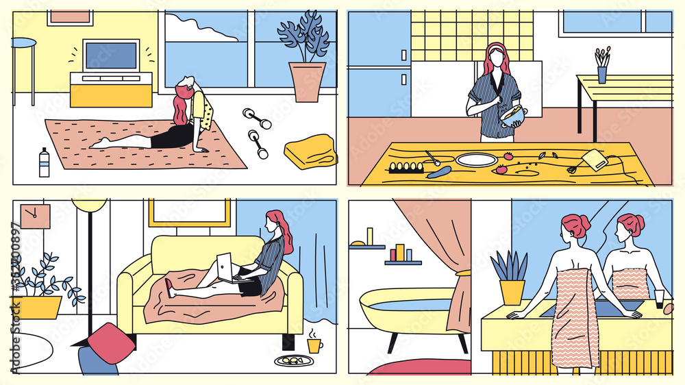 Concept Of Everyday Leisure And Work Activities Of Young Woman. Bundle ...