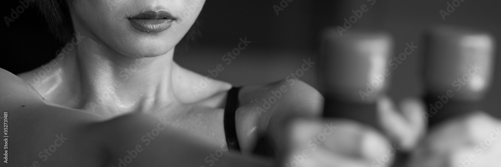 Fitness Model Lady woman sweaty sporty focus on heavy exercise, working ...